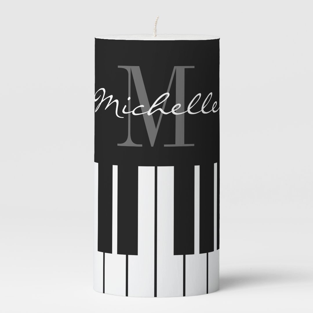 Custom monogram black and white piano keys pillar candle | Zazzle