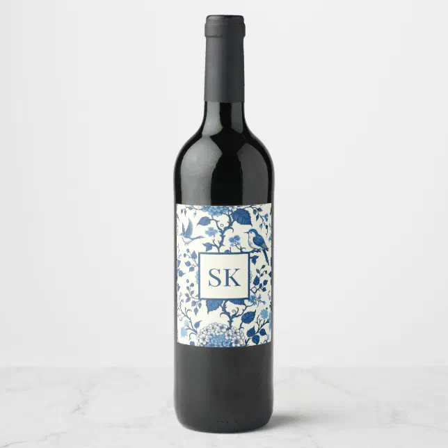 Custom Monogram Chinoiserie Blue and White Wine Label | Zazzle