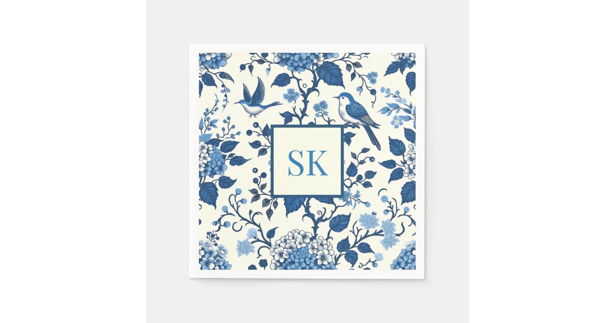 Custom Monogram Chinoiserie Chic, Hydrangeas Napkins | Zazzle