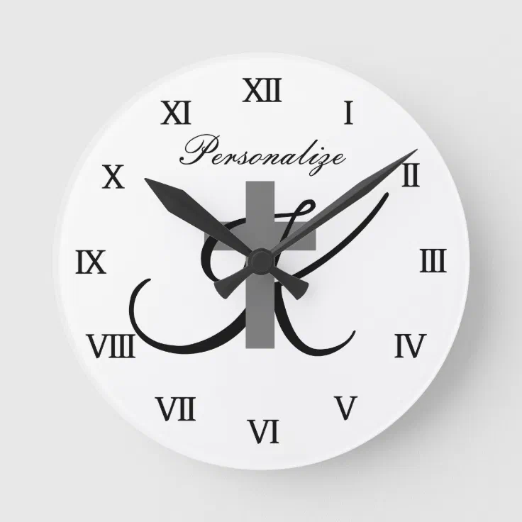 Custom monogram Christian religious cross symbol Round Clock | Zazzle