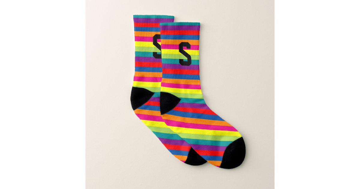 Custom monogram colorful rainbow striped socks | Zazzle