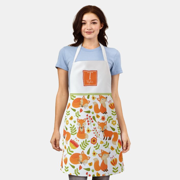 Custom Monogram, Cute Orange and Green Fox Pattern Apron | Zazzle.com