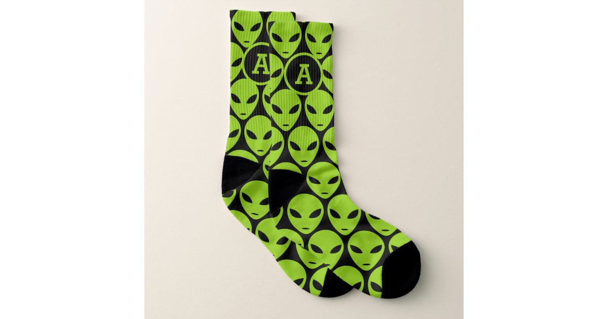 Custom monogram funny green alien print gift socks | Zazzle