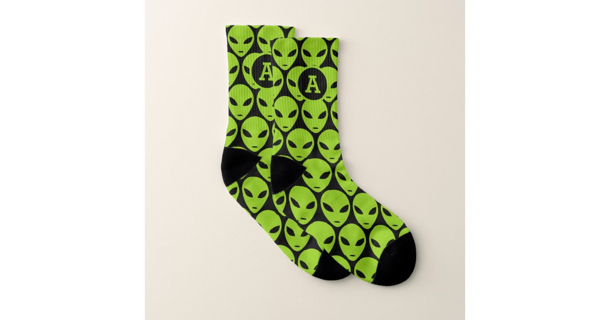 Custom monogram funny green alien print gift socks | Zazzle