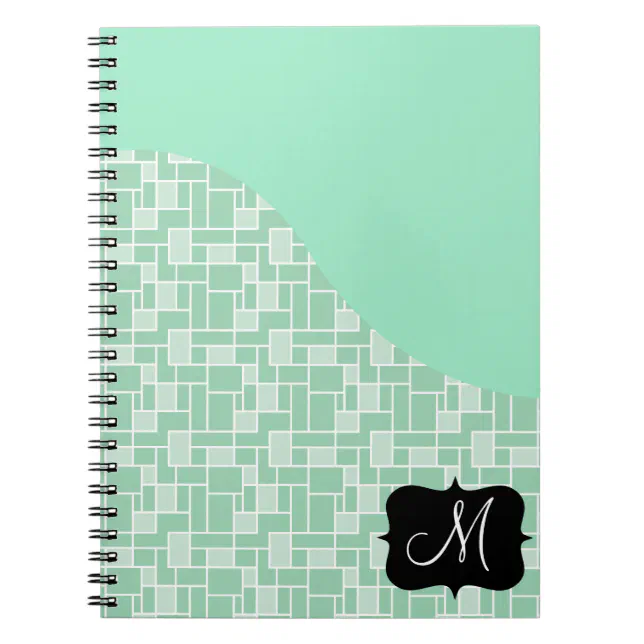 Custom Monogram Initial Mint Green Tile Pattern Notebook | Zazzle