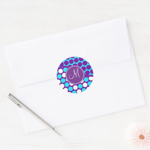 Custom Monogram Initial Teal Purple Polka Dots Classic Round Sticker ...