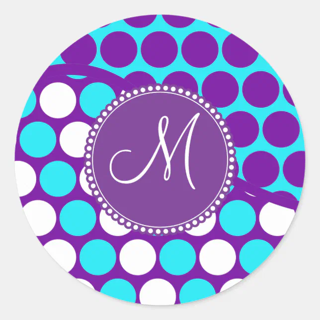 Custom Monogram Initial Teal Purple Polka Dots Classic Round Sticker ...