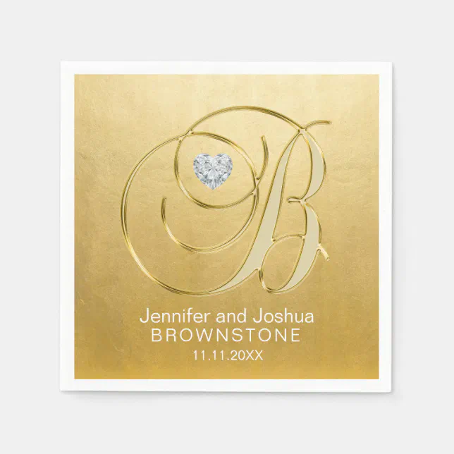 Custom Monogram Letter B Gold Foil Heart Wedding Napkins | Zazzle