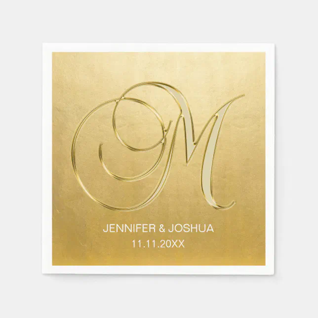 Custom Monogram Letter M Gold Foil Wedding Napkins | Zazzle