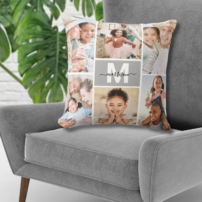 Custom Monogram Multi Photo Collage Family Throw Pillow | Zazzle