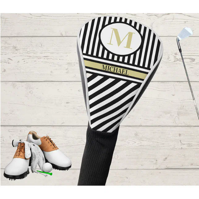 Custom Monogram Name Black Gold Stripes Golf Head Cover | Zazzle