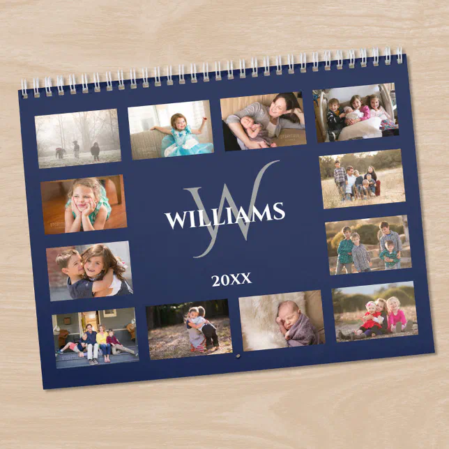 Custom Monogram Name Navy Blue Photo Calendar | Zazzle