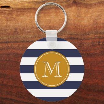 Custom Monogram Navy Blue Stripes Keychain | Zazzle
