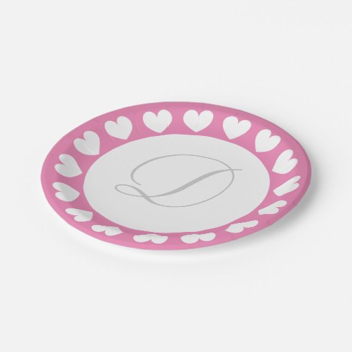 Custom monogram pink hearts paper party plates | Zazzle
