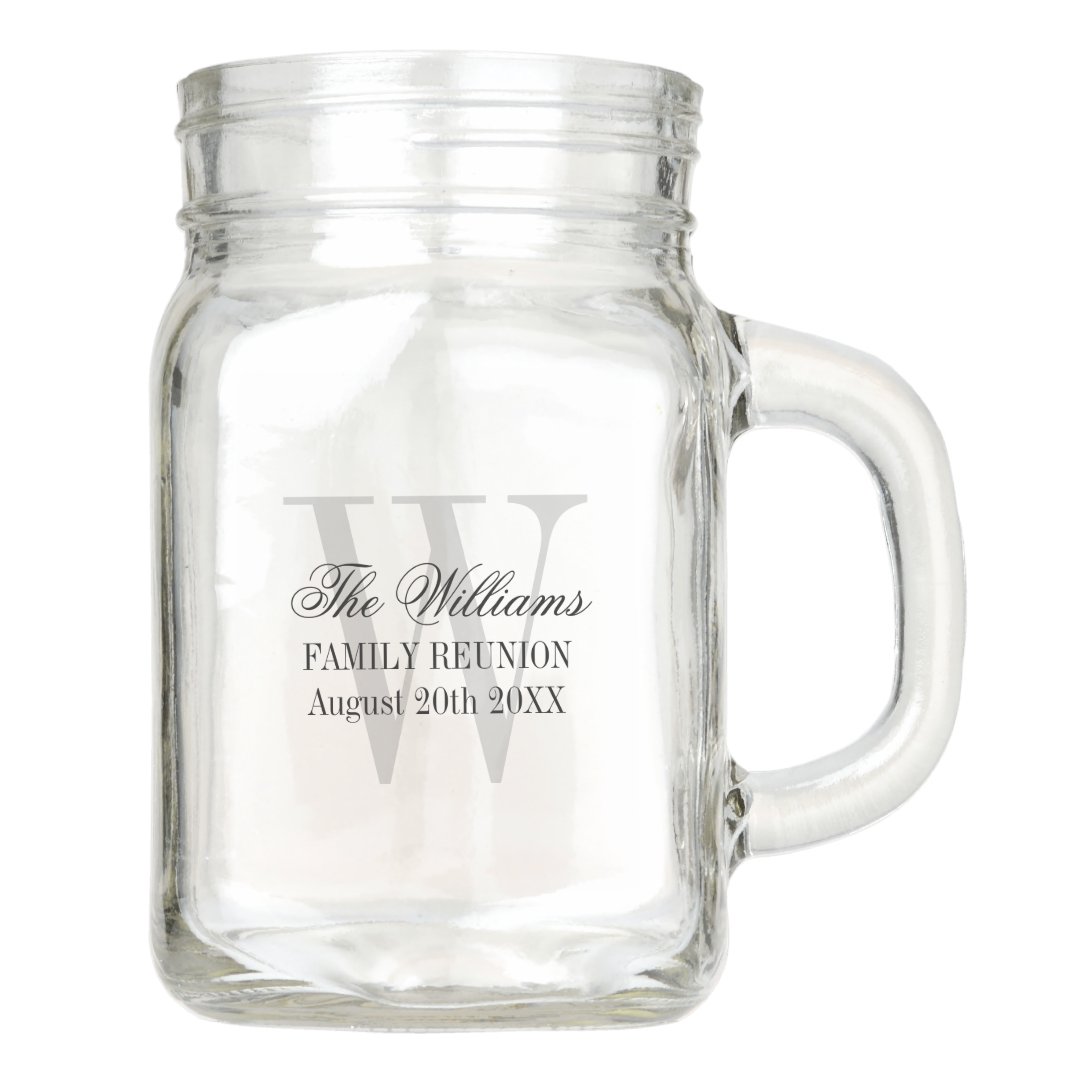 Custom monogram reunion party mason jar mugs | Zazzle