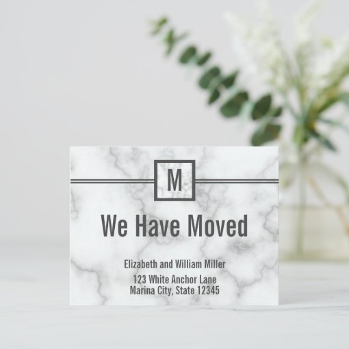 Custom Monogrammed Faux Marble Moving Announcement Postcard | Zazzle