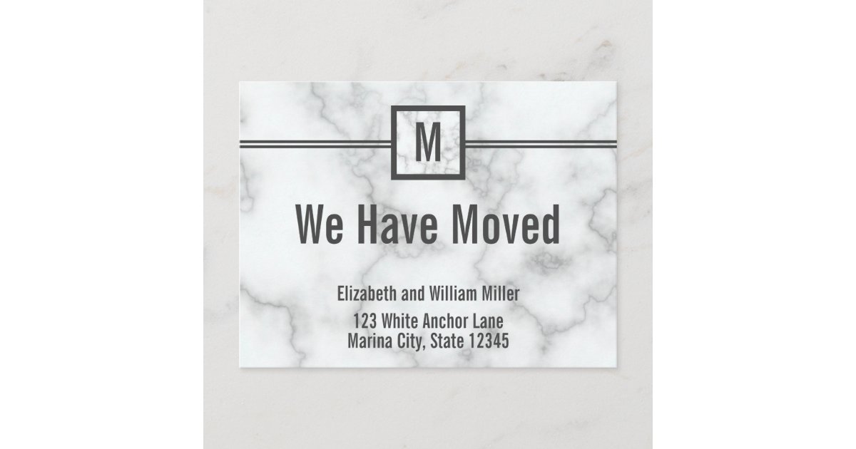 Custom Monogrammed Faux Marble Moving Announcement Postcard | Zazzle