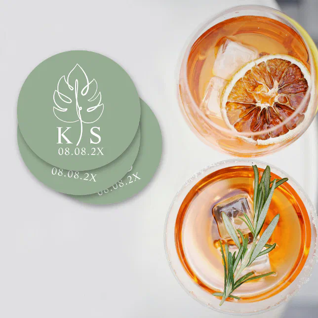 Custom Monstera Monogram Save the Date Logo Round Paper Coaster | Zazzle