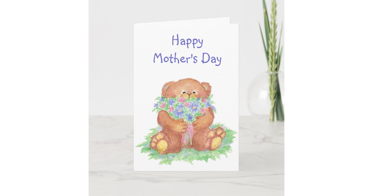 Custom Mother's Day Cute Bear with Flowers Card | Zazzle