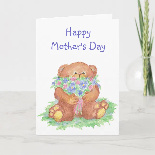 Custom Mother's Day Cute Bear with Flowers Card | Zazzle
