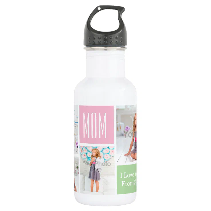 Custom Mothers Day Photo Collage Pink/Green/Gray Water Bottle | Zazzle