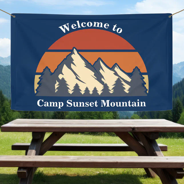 Custom Mountain Sunset Nature Camp Blue Welcome Banner | Zazzle