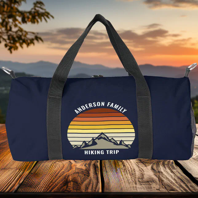Custom Mountain Sunset Navy Blue Hiking Duffle Bag | Zazzle