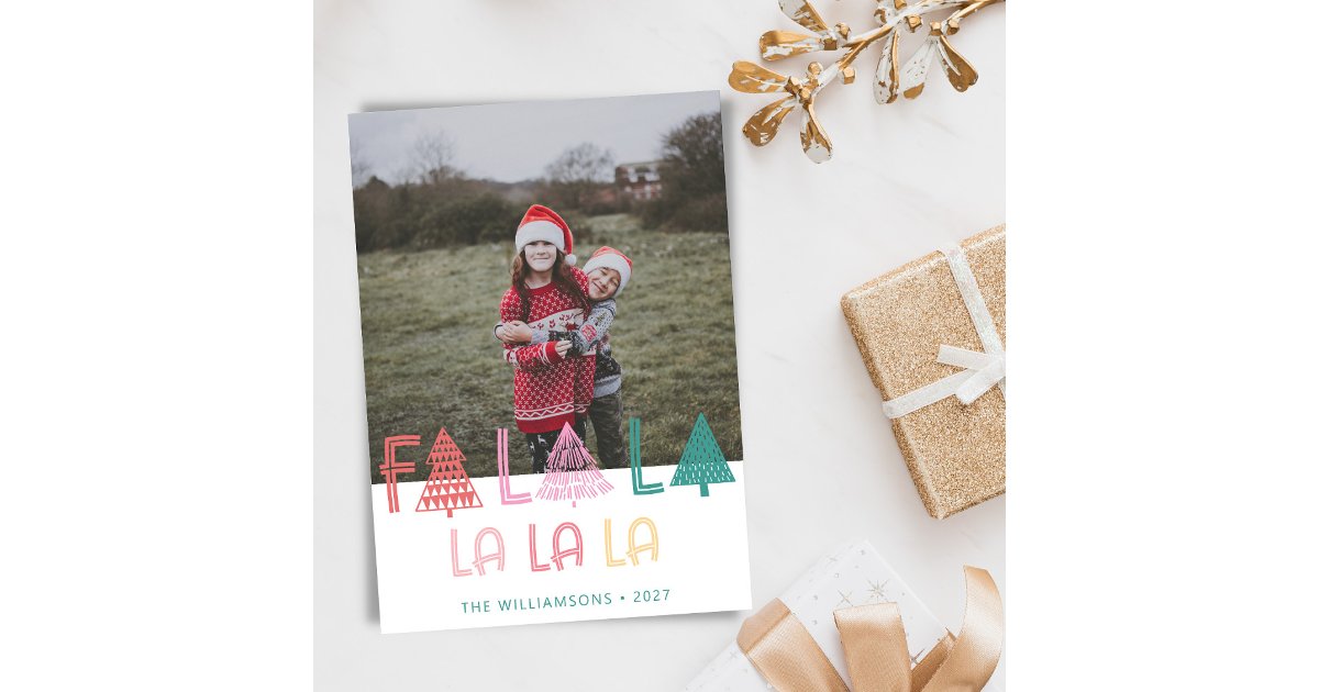 Custom Multi Photo Colorful Christmas Fa La La Holiday Card | Zazzle