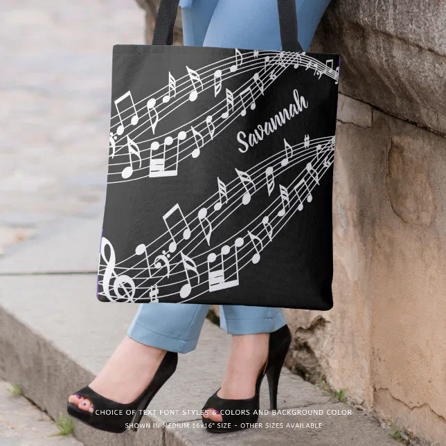 Custom Music Notes Name Black and White Tote Bag | Zazzle