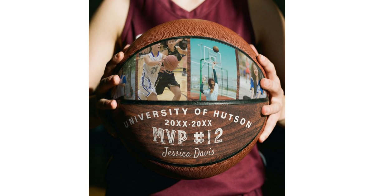Custom MVP Player Number Photo Collage Woodgrain Basketball | Zazzle