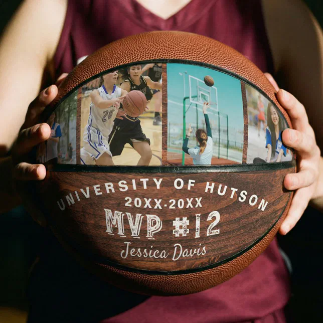Custom MVP Player Number Photo Collage Woodgrain Basketball | Zazzle