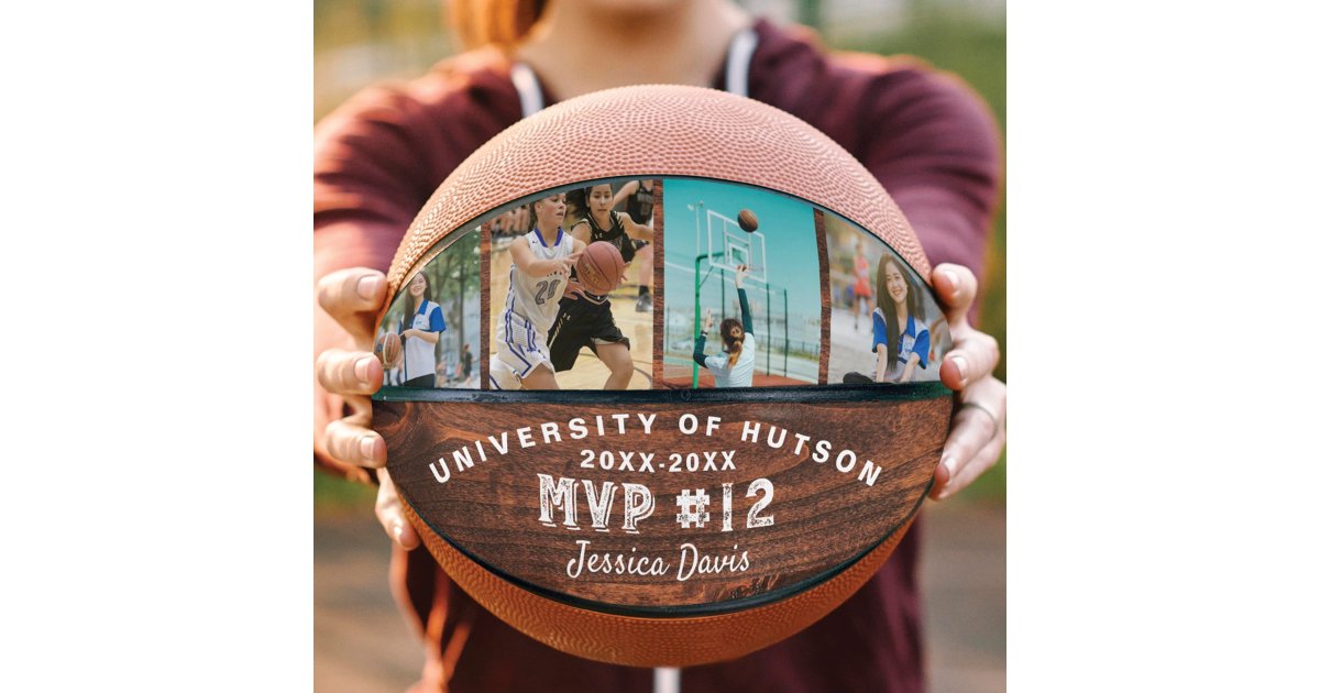 Custom MVP Player Number Photo Collage Woodgrain Basketball | Zazzle