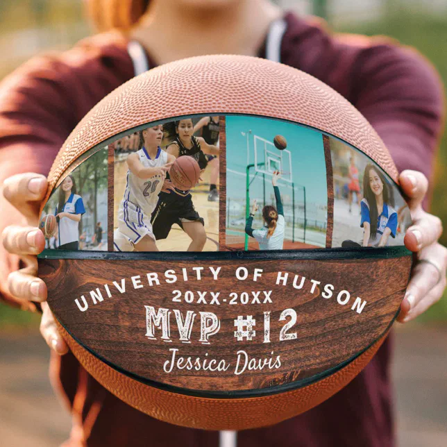 Custom MVP Player Number Photo Collage Woodgrain Basketball | Zazzle