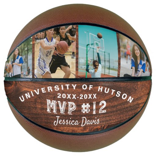 Custom MVP Player Number Photo Collage Woodgrain Basketball | Zazzle