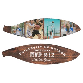 Custom MVP Player Number Photo Collage Woodgrain Basketball | Zazzle