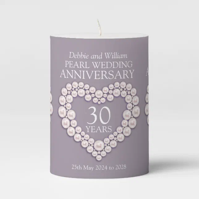 Custom name 30th pearl wedding anniversary pillar candle | Zazzle