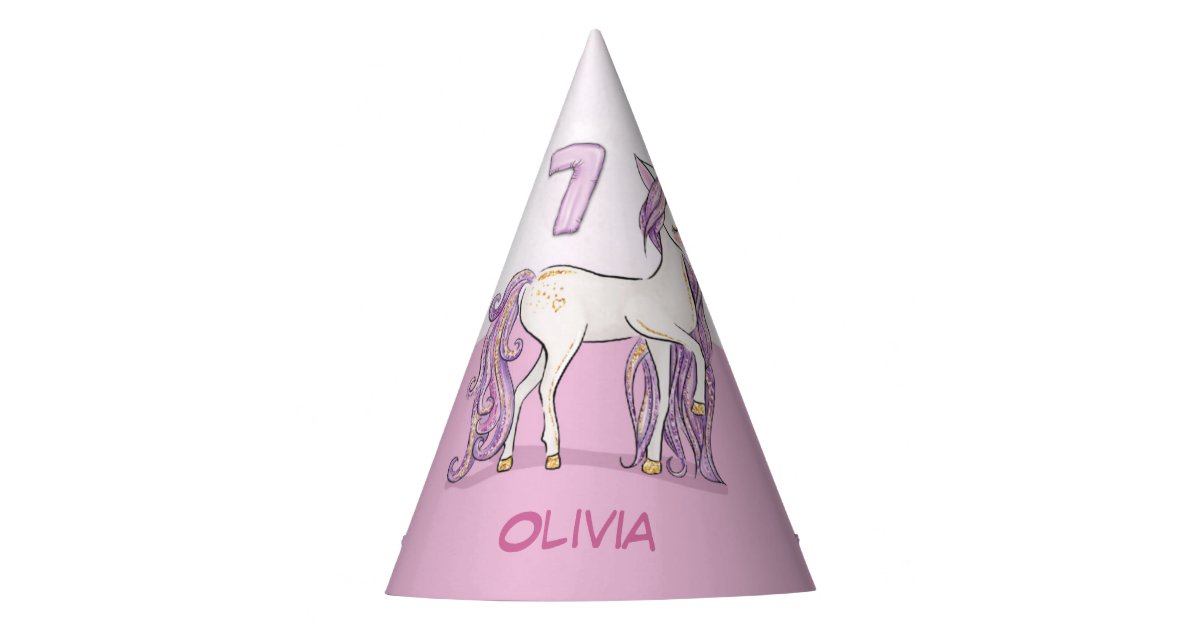 Custom Name 7th Birthday Pink Horse With Crown Party Hat | Zazzle