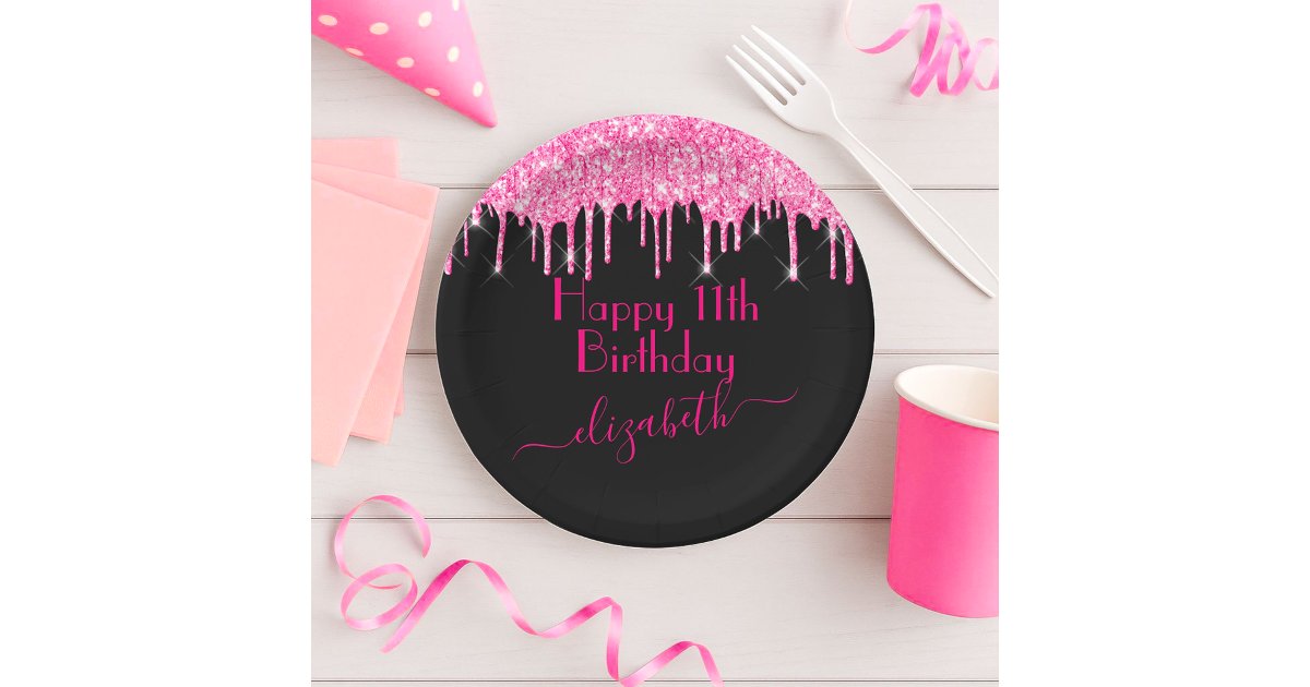 Custom Name + Age Hot Pink Dripping Glitter Black Paper Plates | Zazzle