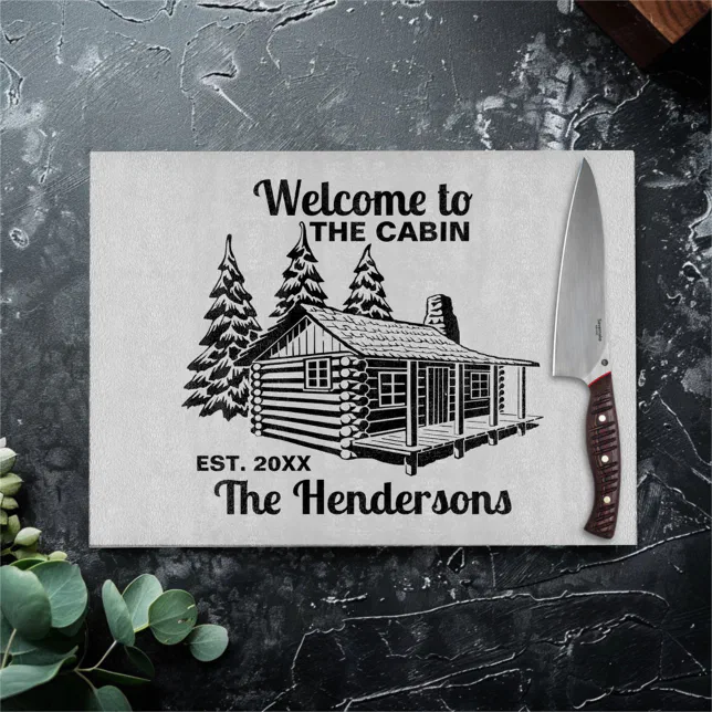 Custom Name and Date Log Cabin with Trees Cutting Board | Zazzle