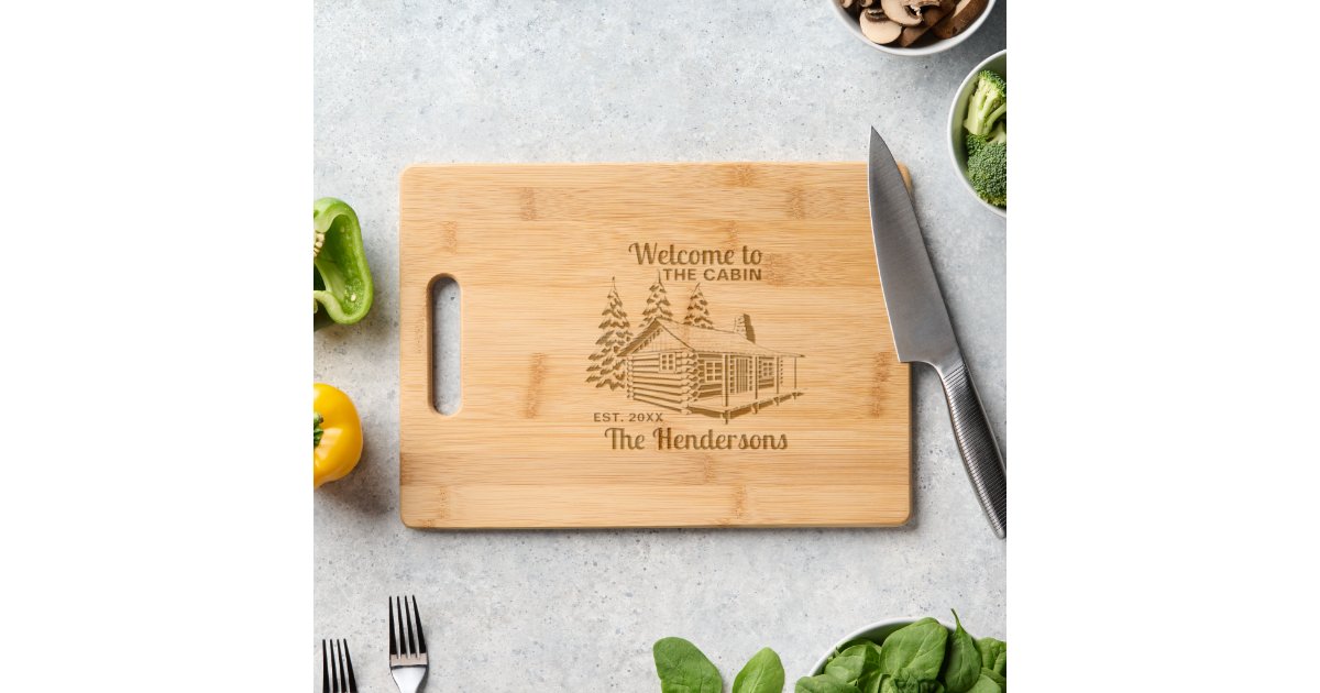 Custom Name and Date Log Cabin with Trees Engraved Cutting Board | Zazzle