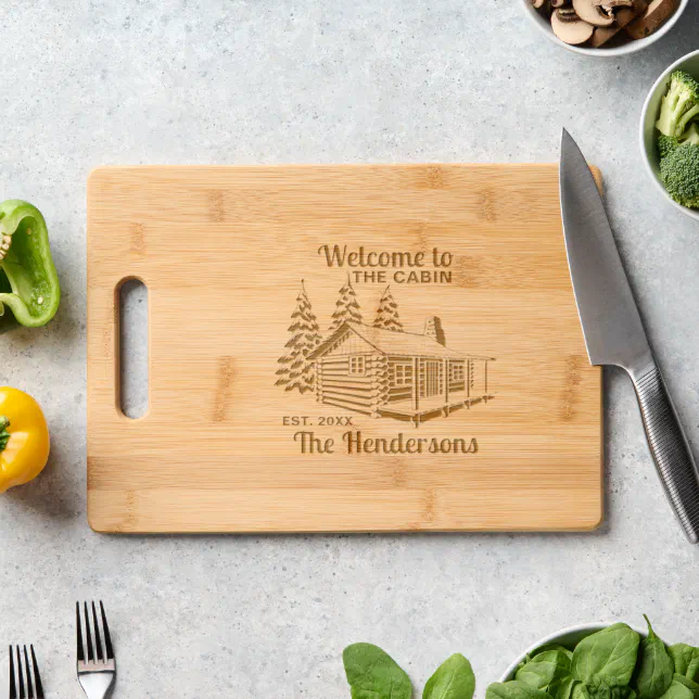 Custom Name and Date Log Cabin with Trees Engraved Cutting Board | Zazzle