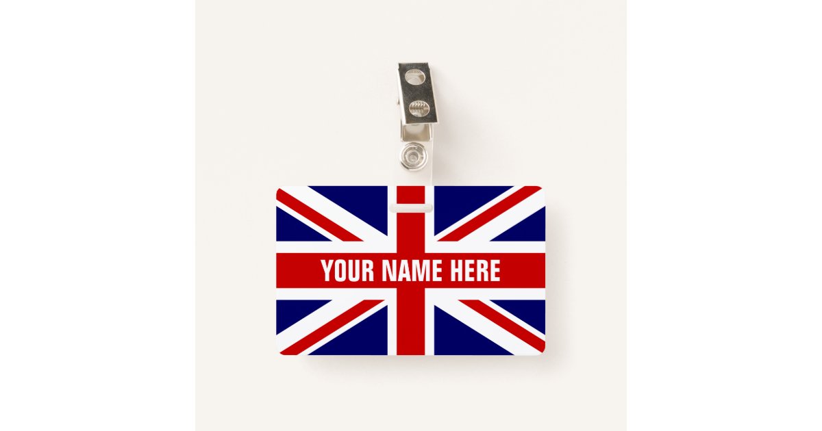 Custom name badge with British Union Jack flag | Zazzle