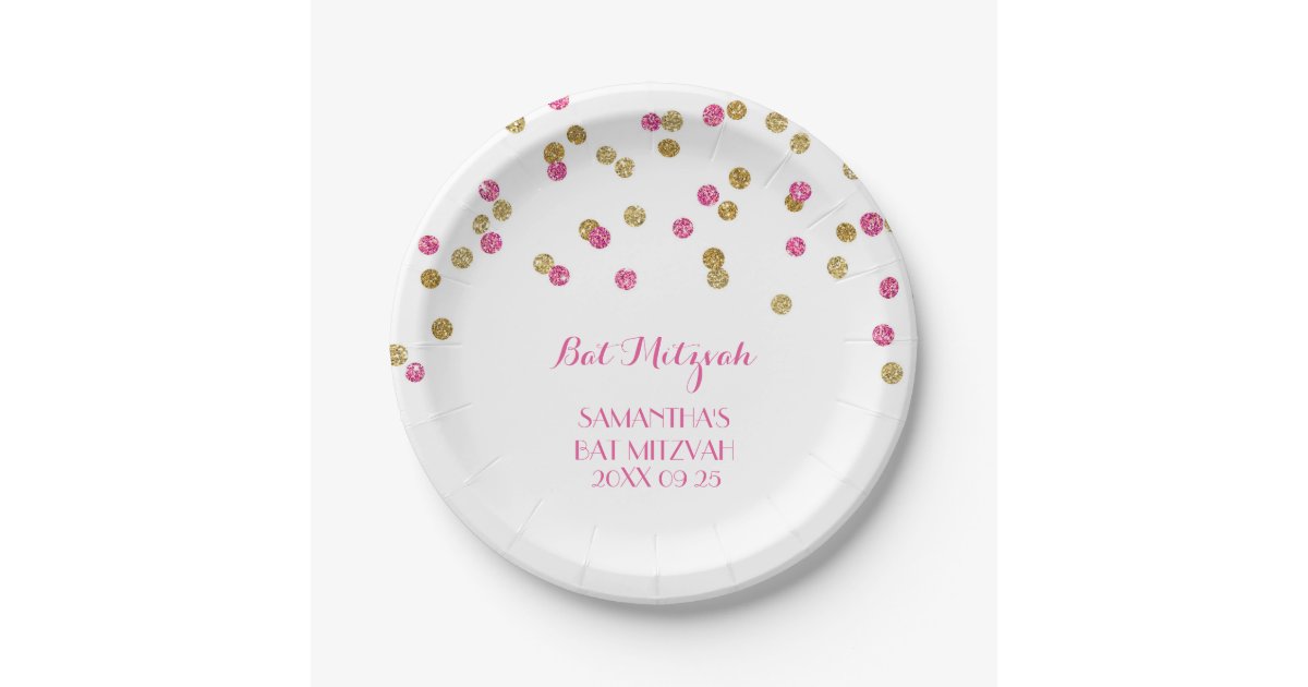 Custom Name Bat Mitzvah Plates Pink Gold Confetti | Zazzle