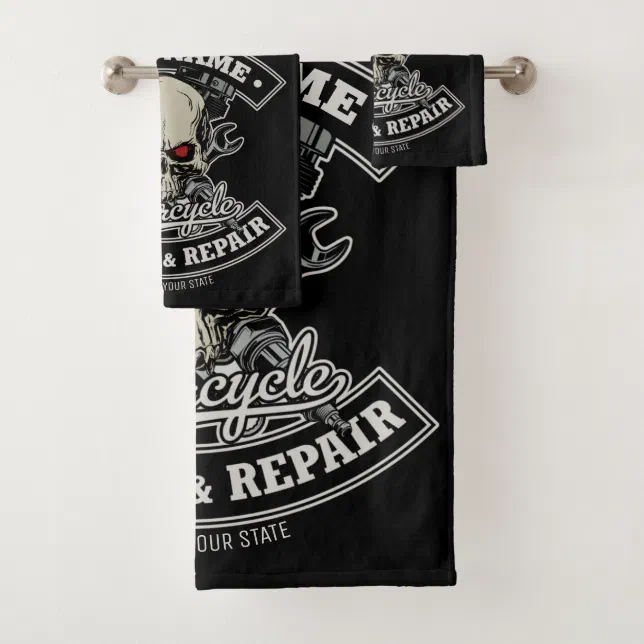 Custom NAME Biker Mechanic Skull Motorcycle Garage Bath Towel Set | Zazzle