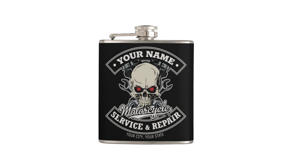 Custom NAME Biker Mechanic Skull Motorcycle Garage Flask | Zazzle