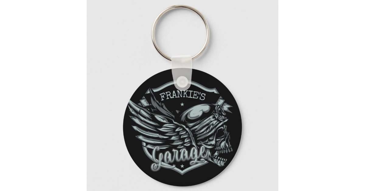 Custom NAME Biker Skull Wings Motorcycle Garage Keychain | Zazzle