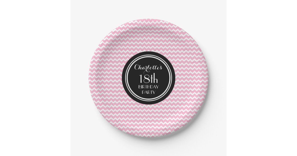 Custom Name Birthday Plates Pink Black Chevron | Zazzle