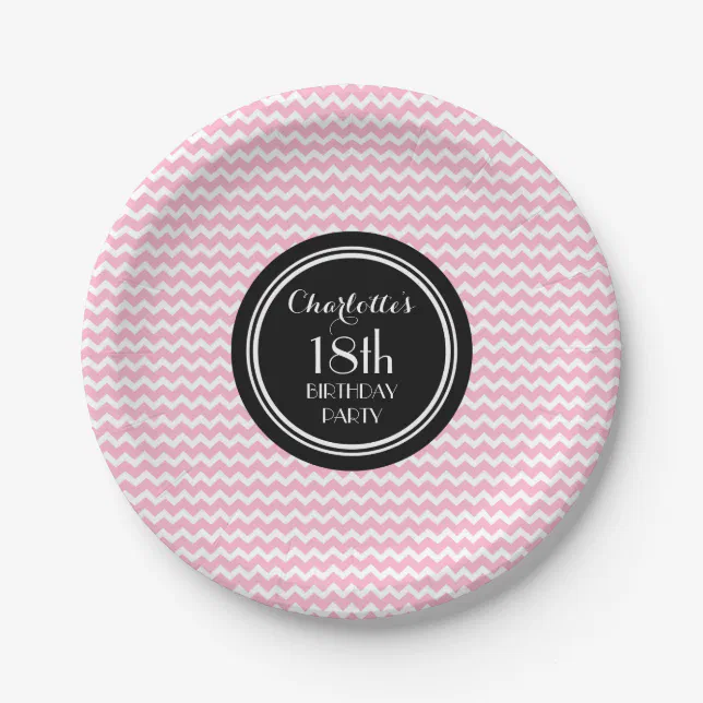 Custom Name Birthday Plates Pink Black Chevron | Zazzle