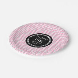 Custom Name Birthday Plates Pink Black Chevron | Zazzle
