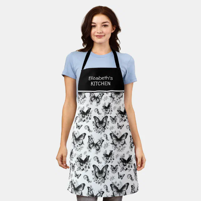 Custom Name Black White Butterfly Pattern Apron | Zazzle
